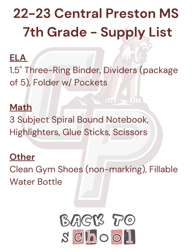 7th Grade Supply List Central Preston Middle School 7th Grade Supply List Central Preston Middle School
